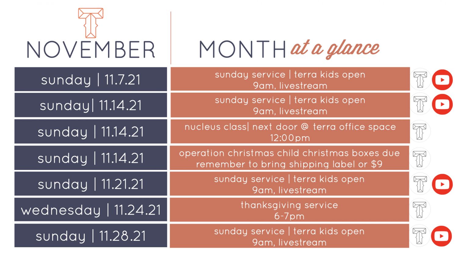 November Calendar | Month at a Glance - Terra Nova Church - Saratoga